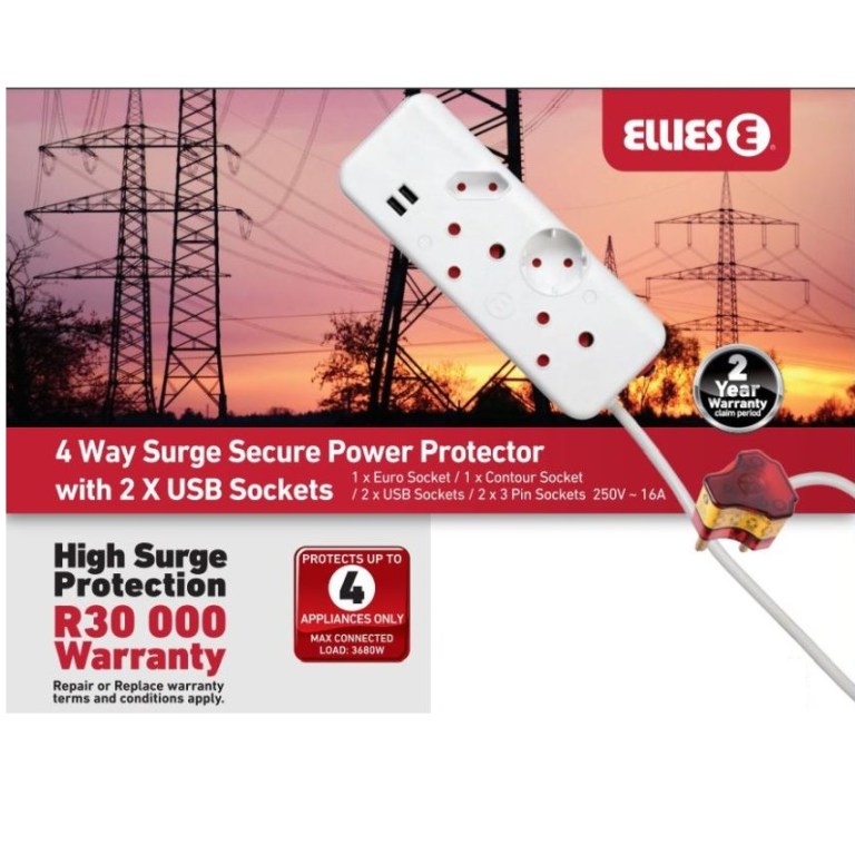 Ellies Surge Secure Plug With Dual Euro Sockets
